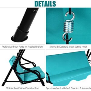 Tangkula 3 Person Porch Swing, Patio Swing with Soft Cushion & Powder-Coated Steel Frame, Outdoor Swing with Canopy for Porch, Backyard, Garden, Balcony (Turquoise)