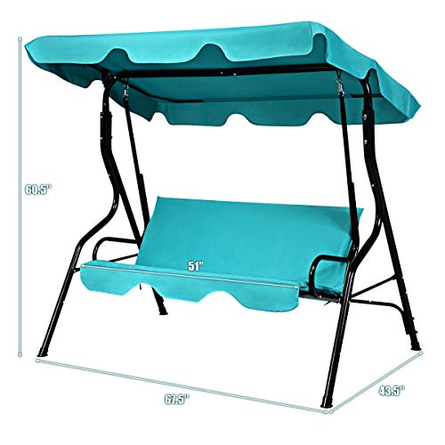 Tangkula 3 Person Porch Swing, Patio Swing with Soft Cushion & Powder-Coated Steel Frame, Outdoor Swing with Canopy for Porch, Backyard, Garden, Balcony (Turquoise)