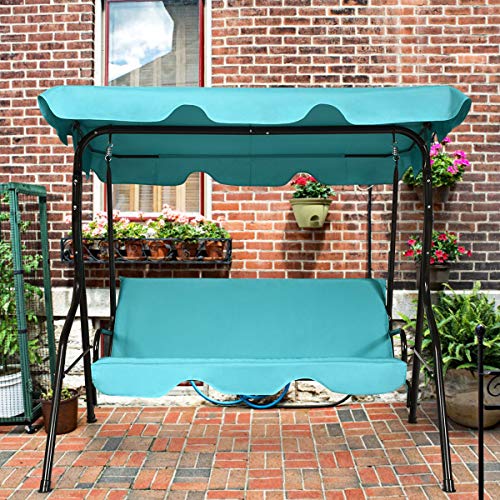 Tangkula 3 Person Porch Swing, Patio Swing with Soft Cushion & Powder-Coated Steel Frame, Outdoor Swing with Canopy for Porch, Backyard, Garden, Balcony (Turquoise)