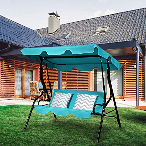 Tangkula 3 Person Porch Swing, Patio Swing with Soft Cushion & Powder-Coated Steel Frame, Outdoor Swing with Canopy for Porch, Backyard, Garden, Balcony (Turquoise)