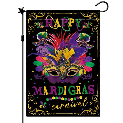 CMEGKE Mardi Gras Masquerade Feather Mask Garden Flag, Happy Mardi Gras Flags, Masquerade Mask Holiday Party Yard Outdoor Decor Vertical Double Sided Burlap Carnival Celebration Classic Holiday Party Farmhouse Yard Home Outside Decor 12.5 x 18 In