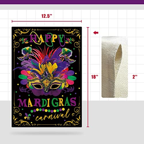 CMEGKE Mardi Gras Masquerade Feather Mask Garden Flag, Happy Mardi Gras Flags, Masquerade Mask Holiday Party Yard Outdoor Decor Vertical Double Sided Burlap Carnival Celebration Classic Holiday Party Farmhouse Yard Home Outside Decor 12.5 x 18 In