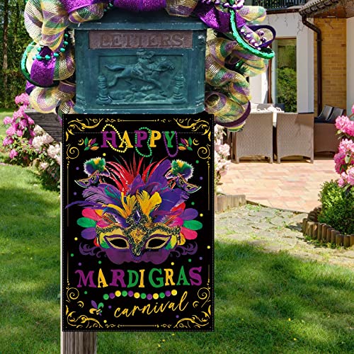 CMEGKE Mardi Gras Masquerade Feather Mask Garden Flag, Happy Mardi Gras Flags, Masquerade Mask Holiday Party Yard Outdoor Decor Vertical Double Sided Burlap Carnival Celebration Classic Holiday Party Farmhouse Yard Home Outside Decor 12.5 x 18 In