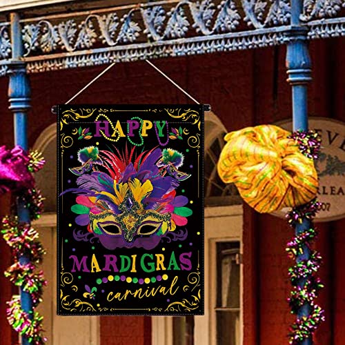 CMEGKE Mardi Gras Masquerade Feather Mask Garden Flag, Happy Mardi Gras Flags, Masquerade Mask Holiday Party Yard Outdoor Decor Vertical Double Sided Burlap Carnival Celebration Classic Holiday Party Farmhouse Yard Home Outside Decor 12.5 x 18 In