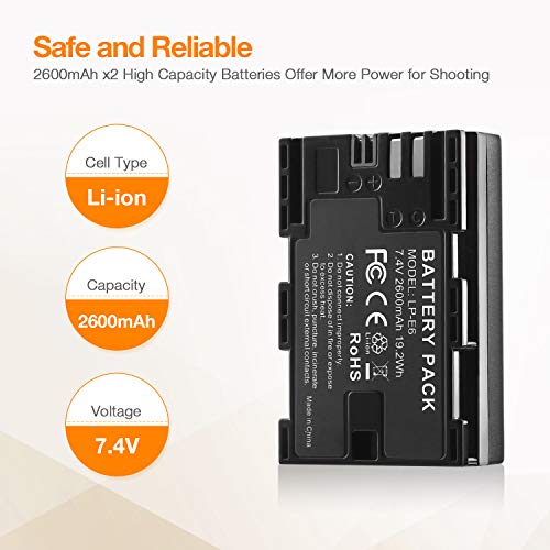 LP-E6 LP E6N Replacement Camera Batteries and Rapid Dual Charger Set for 5D Mark II, III, IV, 5DS, 5DS R, 6D, 60D,6D Mark II, 7D, 7D Mark II,70D, 80D Batteries Grip