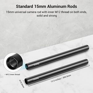 SmallRig 12 Inches (30 cm) Aluminum Alloy 15mm Rod with M12 Female Thread, Pack of 2 - 1053