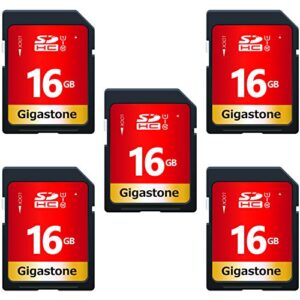 gigastone 16gb 5 pack sd card uhs-i u1 class 10 sdhc memory card high-speed full hd video canon nikon sony pentax kodak olympus panasonic digital camera, with 5 mini cases