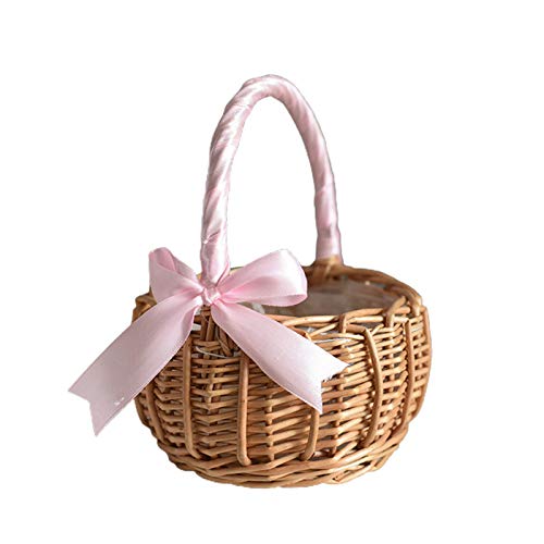 Wicker Rattan Flower Basket, Wedding Flower Girl Baskets, Willow Handwoven Basket with Handles and Plastic Insert, Woven Eggs Candy Basket for Garden Decor, Pink, L (210209HT07-4-10031-1949296911)