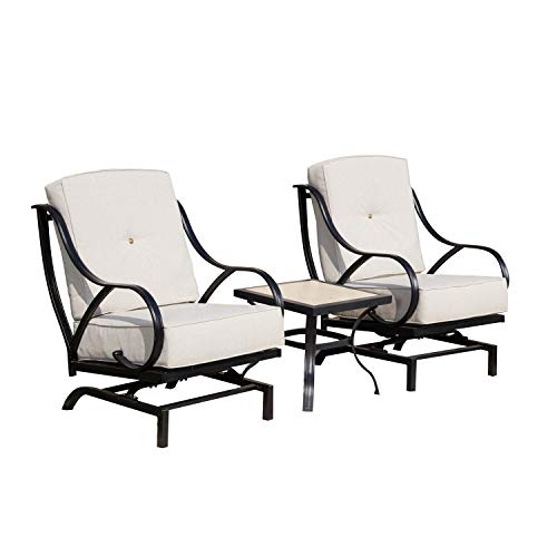 Top Space Patio Bistro Set Conversation Set Outdoor Metal Furniture Rocking Motion Chairs with Cushions and Square Coffee Table for Garden Balcony Lawn (3PCS, White)