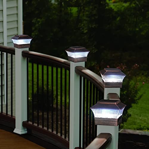 Solar Post Lights Outdoor LED Deck Fence Patio Cap Lights Garden Decoration Lighting for 3.5x3.5 4x4 5x5 6x6 Wood Post 4 Pack Bronze