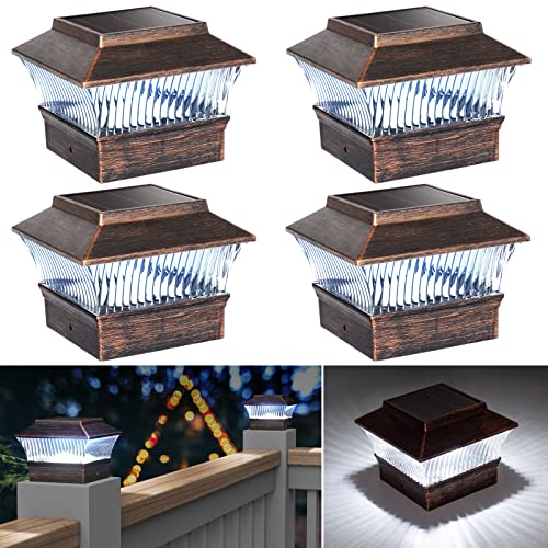 Solar Post Lights Outdoor LED Deck Fence Patio Cap Lights Garden Decoration Lighting for 3.5x3.5 4x4 5x5 6x6 Wood Post 4 Pack Bronze