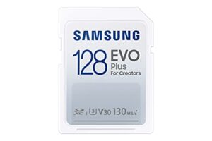 samsung evo plus full size 128 gb sdxc card 130mb/s full hd & 4k uhd, uhs-i, u3, v30 (mb-sc128k/am)