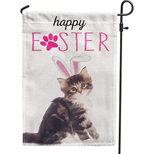 Happy Easter Garden Flags ,Cat with Rabbit Ear 12x18inch Burlap Double Sided for Outside Decoration