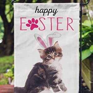 Happy Easter Garden Flags ,Cat with Rabbit Ear 12x18inch Burlap Double Sided for Outside Decoration