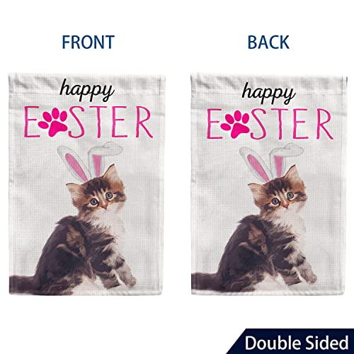 Happy Easter Garden Flags ,Cat with Rabbit Ear 12x18inch Burlap Double Sided for Outside Decoration