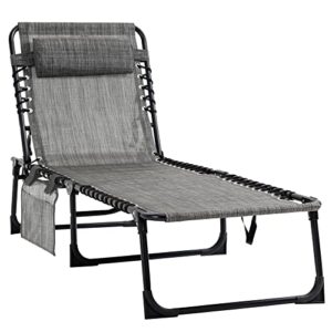 outsunny reclining chaise lounge chair, portable sun lounger, folding camping cot, with adjustable backrest and removable pillow, for patio, garden, beach, grey