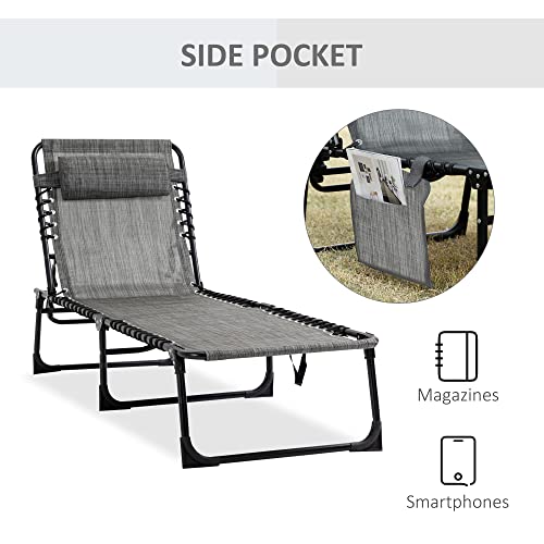 Outsunny Reclining Chaise Lounge Chair, Portable Sun Lounger, Folding Camping Cot, with Adjustable Backrest and Removable Pillow, for Patio, Garden, Beach, Grey