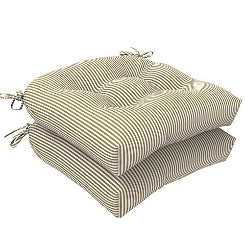 LVTXIII Outdoor Seat Cushions Seasonal Tufted Chair Cushions, Patio Chair Pads for Dining Chairs, Office Armchairs and Garden Furniture Decoration (Round Back, 19”x19”x5”, Stripe Beige, 2 Pack)