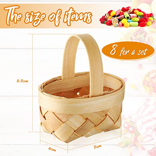 8 Pcs Mini Woven Basket with Handle Miniature Flower Basket Dollhouse Small Picnic Basket Party Favor Wood Weaving Basket Tiny Candy Gift Baskets for Fairy Garden Table Tree Hanging Decoration