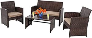 fdw 4 pieces rattan wicker conversation set lawn chairs porch poolside balcony garden outdoor furniture,brown