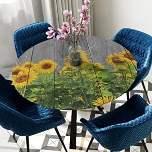 Big buy store Elastic Edged Waterproof Tablecloth Round Sunflower Plant Garden Reusable Wipeable Table Cover Wooden Plank Washable Oil-Proof Fitted Table Cover up up to 55"- 60" Round Tables