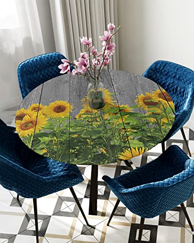 Big buy store Elastic Edged Waterproof Tablecloth Round Sunflower Plant Garden Reusable Wipeable Table Cover Wooden Plank Washable Oil-Proof Fitted Table Cover up up to 55"- 60" Round Tables