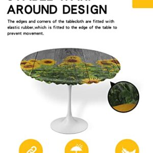 Big buy store Elastic Edged Waterproof Tablecloth Round Sunflower Plant Garden Reusable Wipeable Table Cover Wooden Plank Washable Oil-Proof Fitted Table Cover up up to 55"- 60" Round Tables