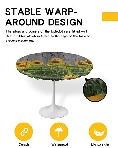 Big buy store Elastic Edged Waterproof Tablecloth Round Sunflower Plant Garden Reusable Wipeable Table Cover Wooden Plank Washable Oil-Proof Fitted Table Cover up up to 55"- 60" Round Tables