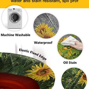 Big buy store Elastic Edged Waterproof Tablecloth Round Sunflower Plant Garden Reusable Wipeable Table Cover Wooden Plank Washable Oil-Proof Fitted Table Cover up up to 55"- 60" Round Tables