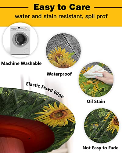 Big buy store Elastic Edged Waterproof Tablecloth Round Sunflower Plant Garden Reusable Wipeable Table Cover Wooden Plank Washable Oil-Proof Fitted Table Cover up up to 55"- 60" Round Tables