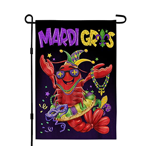 CROWNED BEAUTY Mardi Gras Burlap Garden Flag 12×18 Inch Double Sided Crawfish New Orleans Carnival Celebration Outside Vertical Holiday Yard Decoration