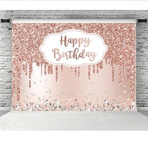 Pink Rose Golden Birthday Party Backdrop Glitter Diamonds Happy Birthday Background Girls Sweet 16 18th 21th Birthday Party Decorations Cake Table Banner Supplies 7x5ft