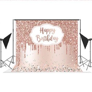 Pink Rose Golden Birthday Party Backdrop Glitter Diamonds Happy Birthday Background Girls Sweet 16 18th 21th Birthday Party Decorations Cake Table Banner Supplies 7x5ft