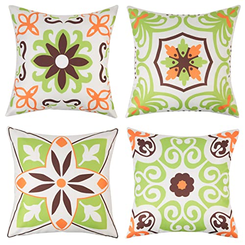 Pyonic Outdoor Waterproof Throw Pillow Covers Boho Pillow Covers 18x18 Decorative Green Garden Cushion Sham for Patio Furniture Tent Couch Park Set of 4,Light Green