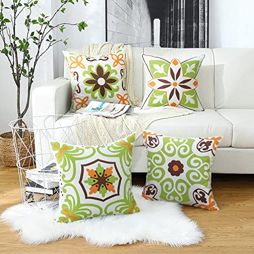 Pyonic Outdoor Waterproof Throw Pillow Covers Boho Pillow Covers 18x18 Decorative Green Garden Cushion Sham for Patio Furniture Tent Couch Park Set of 4,Light Green