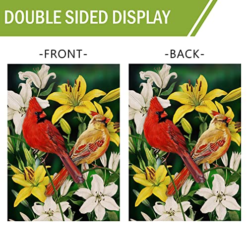 Furiaz Decorative Cardinal Flower Spring Small Garden Flag Double Sided, Red Yellow Birds Home Floral Lily Burlap Outside House Yard Decoration, Summer Green Seasonal Outdoor Décor Flag 12.5 x 18