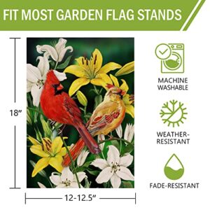 Furiaz Decorative Cardinal Flower Spring Small Garden Flag Double Sided, Red Yellow Birds Home Floral Lily Burlap Outside House Yard Decoration, Summer Green Seasonal Outdoor Décor Flag 12.5 x 18