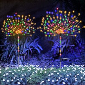 2 pcs solar firework light with rainbow tube, 120 leds outdoor solar garden decorative lights ip65 waterproof string diy landscape light for walkway pathway backyard christmas decoration(multi-color)