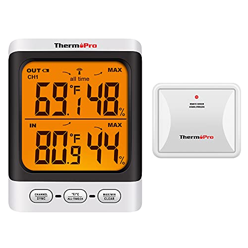 ThermoPro TP62 Indoor Outdoor Thermometer Wireless Weather Hygrometer, 200ft/60m Range Temperature Humidity Sensor, Backlight Indoor Room Thermometer for Home Greenhouse Garden