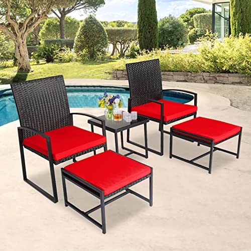 J-SUN-7 5-Piece Patio Furniture Set, Outdoor Wicker Rattan Conversation Set with Ottoman & Glass Coffee Table,for Garden,Patio,Balcony,Beach,Red