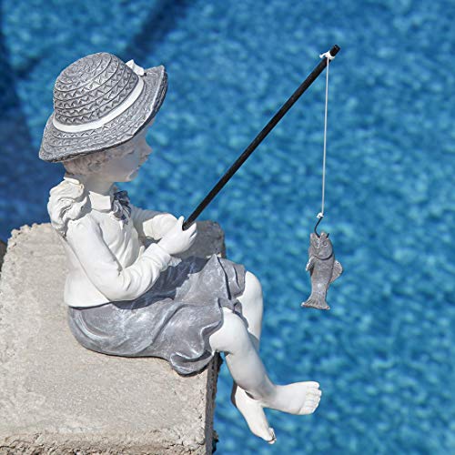 Lily's Home Fishing Little Girl Garden Statue Sitting Outdoor Yard Figurine 11 Inch