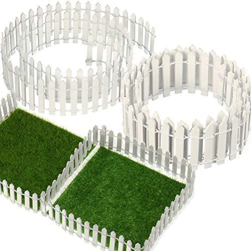 BBTO 5 Pcs Garden Decoration Set, 3 Pcs 40 Inch White Miniature Garden Fence and 2Pcs 6 x 6 Inch Artificial Garden Grass for Miniature Garden DIY Decoration