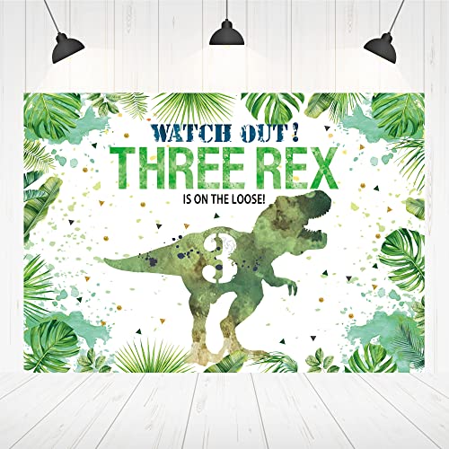 Hilioens 5×3ft Three-rex Birthday Backdrop for Boys Dinosaur 3rd Birthday Green Leaf Background 3 Years Old Dinosaur Theme Party Banner Decorations