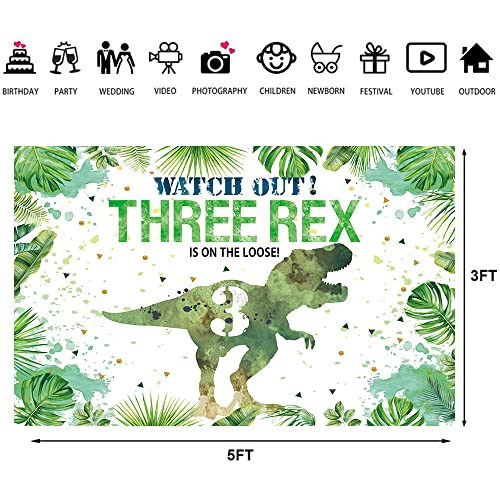 Hilioens 5×3ft Three-rex Birthday Backdrop for Boys Dinosaur 3rd Birthday Green Leaf Background 3 Years Old Dinosaur Theme Party Banner Decorations