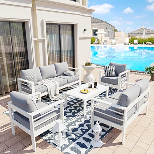 UDPATIO Oversized Aluminum Patio Furniture Set, Modern Metal Outdoor Patio Conversation Sets, Patio Sectional Sofa w/ 5 Inch Cushion Coffee Table for Poolside, Deck, White (Include 4 Sofa Covers)