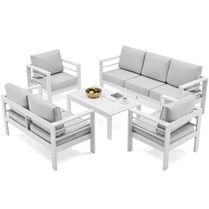 UDPATIO Oversized Aluminum Patio Furniture Set, Modern Metal Outdoor Patio Conversation Sets, Patio Sectional Sofa w/ 5 Inch Cushion Coffee Table for Poolside, Deck, White (Include 4 Sofa Covers)