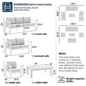 UDPATIO Oversized Aluminum Patio Furniture Set, Modern Metal Outdoor Patio Conversation Sets, Patio Sectional Sofa w/ 5 Inch Cushion Coffee Table for Poolside, Deck, White (Include 4 Sofa Covers)