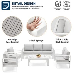 UDPATIO Oversized Aluminum Patio Furniture Set, Modern Metal Outdoor Patio Conversation Sets, Patio Sectional Sofa w/ 5 Inch Cushion Coffee Table for Poolside, Deck, White (Include 4 Sofa Covers)