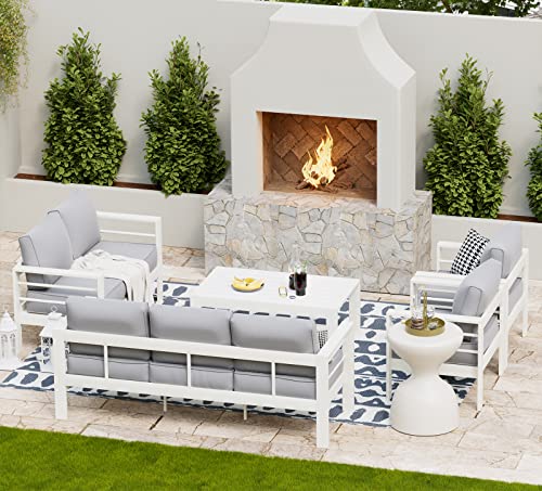 UDPATIO Oversized Aluminum Patio Furniture Set, Modern Metal Outdoor Patio Conversation Sets, Patio Sectional Sofa w/ 5 Inch Cushion Coffee Table for Poolside, Deck, White (Include 4 Sofa Covers)