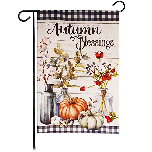 G128 Garden Flag Fall Decoration Autumn Blessings Pumpkins and Flower Vases 12"x18"